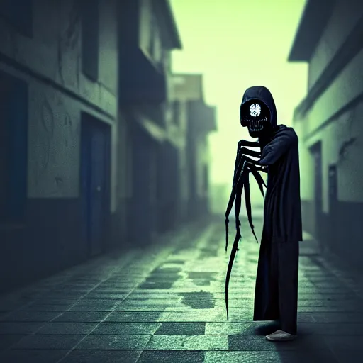 photograph of a man with a spider reaper head begging | Stable ...