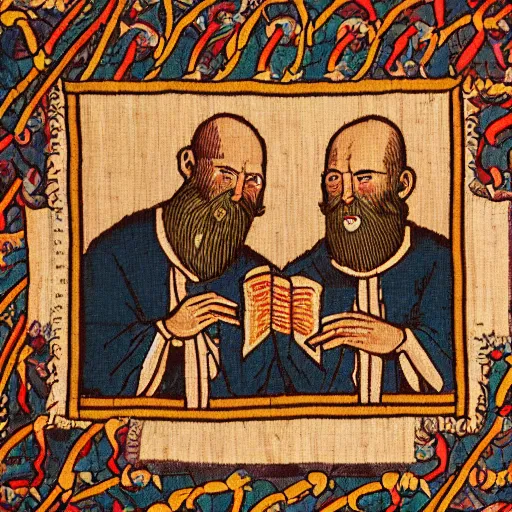 a medieval tapestry of two bald men with beards | Stable Diffusion ...
