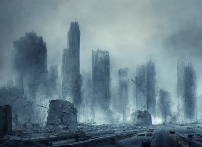cinematic foggy desolate ruined city in a dusty | Stable Diffusion ...