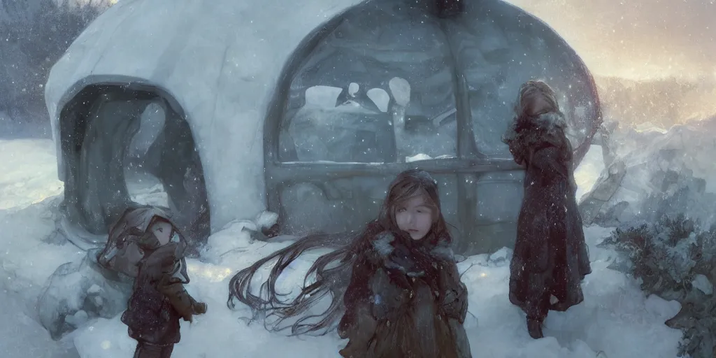young girl back to us in front of an igloo in the | Stable Diffusion | OpenArt