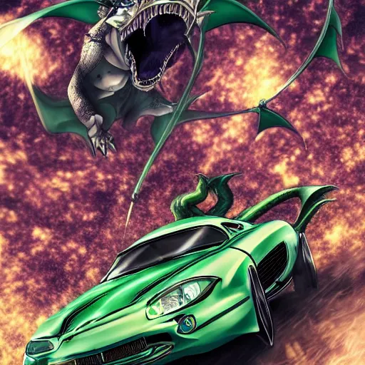 knight in green car, dragon flying above, low angle, | Stable Diffusion ...