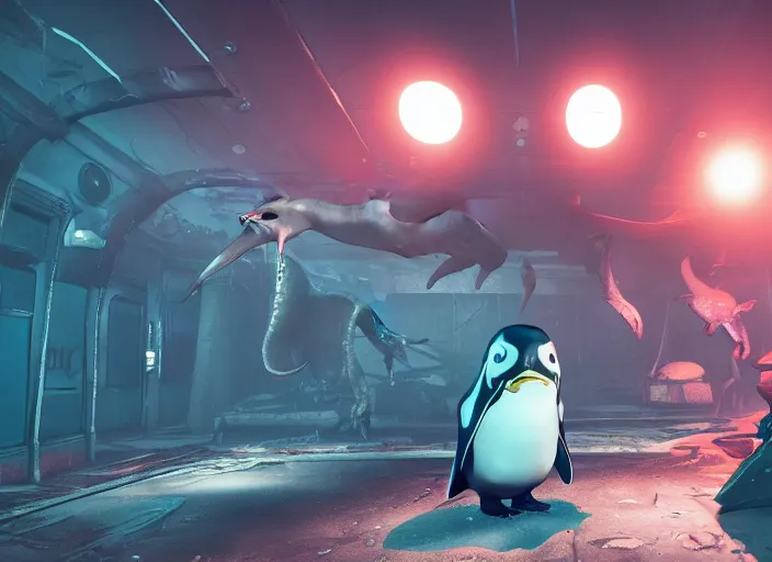 cyber penguin with shark teeth in fallout 4, horror | Stable Diffusion