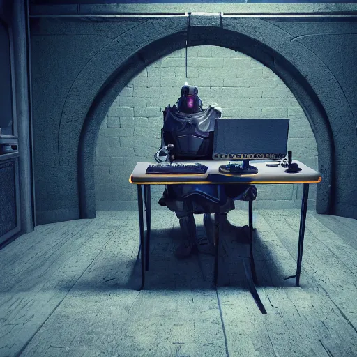 a middle age knight sitting in front of a pc playing | Stable Diffusion ...