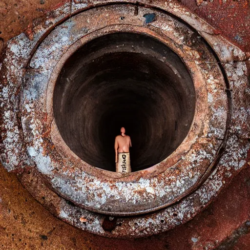 a human head inside of a rusty old pot!!!!!, overhead | Stable Diffusion