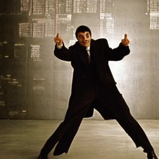 A still of Mr Bean in The Matrix | Stable Diffusion