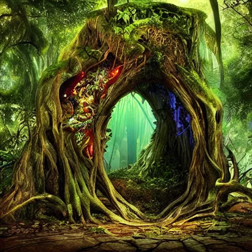 horrific portal embedded in a spectacular tree in a | Stable Diffusion