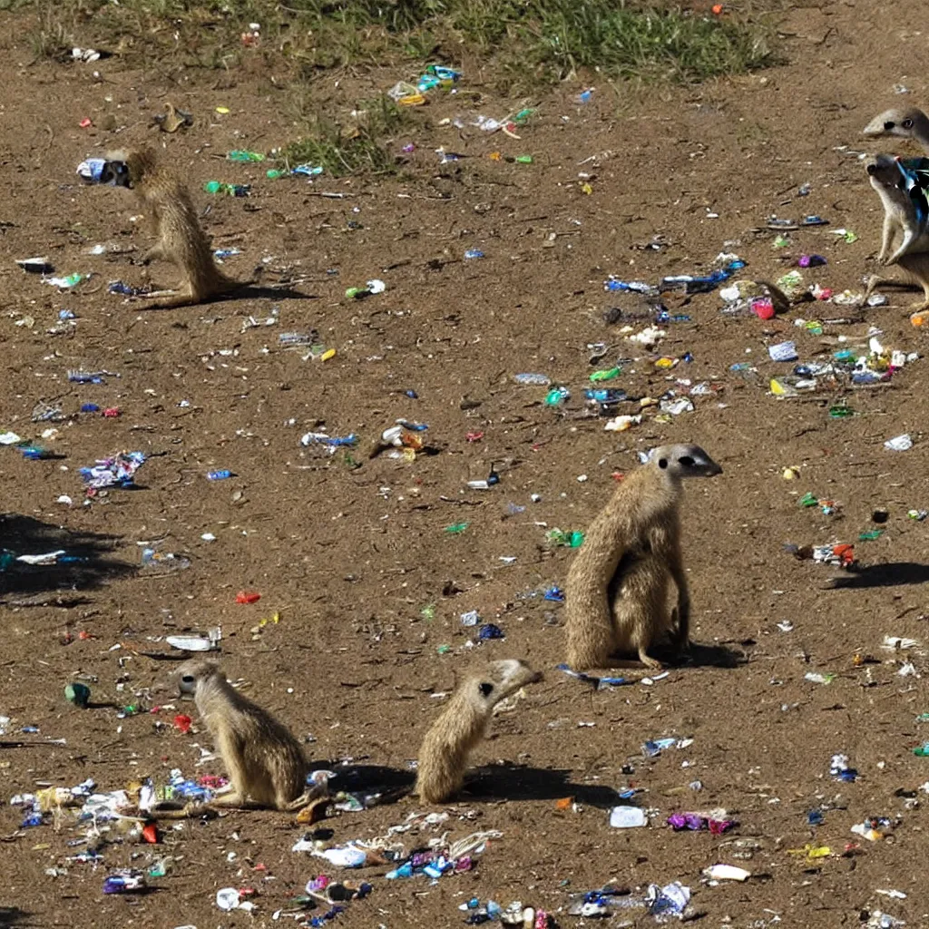 a meerkat picking with trash on the ground, litter in | Stable ...