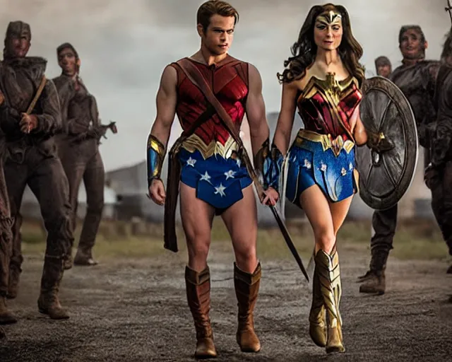 Chris Pine as Steve Trevor with 10,100 adoring Gal | Stable Diffusion