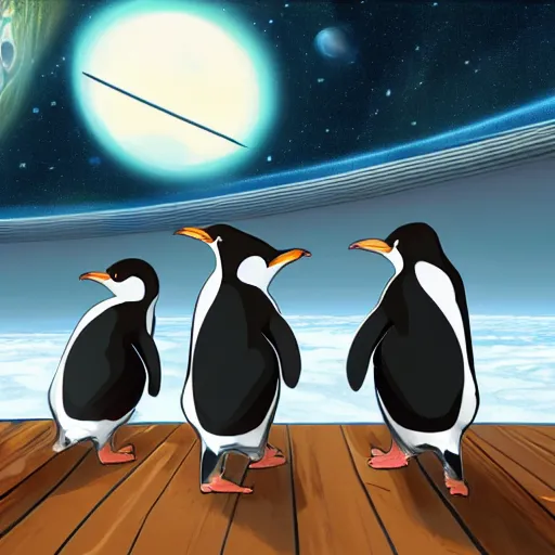 three penguins on the deck of a spaceship, planets in | Stable Diffusion
