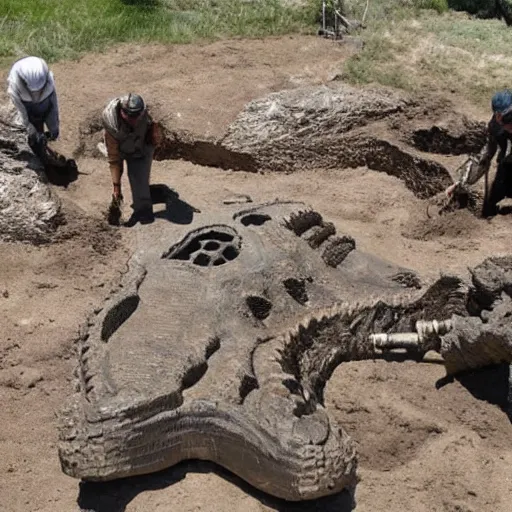 archeologists finding a huge Godzilla fossilized | Stable Diffusion