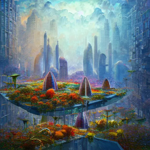 overgrown geometric mushroom skyscrapers autumn, | Stable Diffusion ...