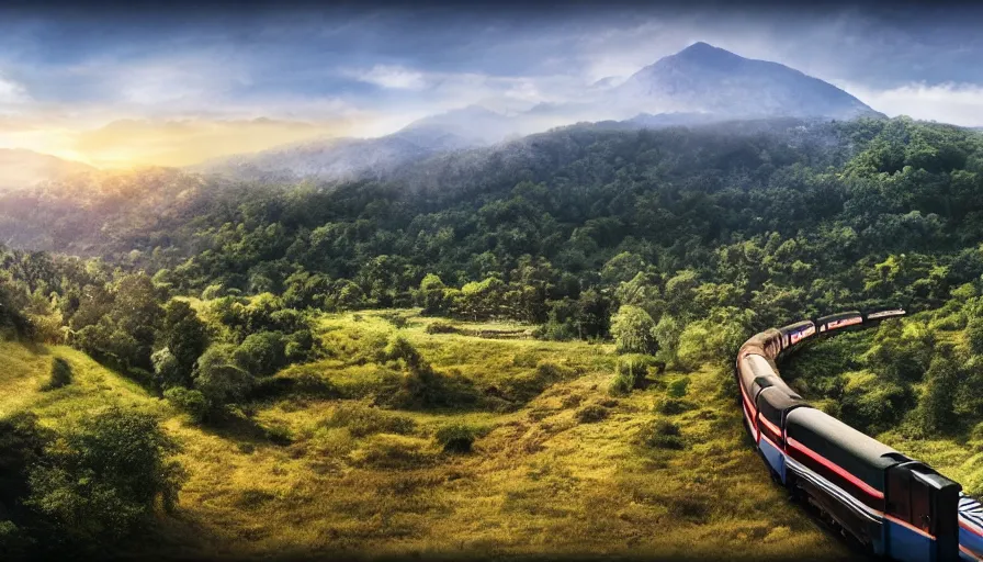 panorama sleek train driving through valley, green | Stable Diffusion ...