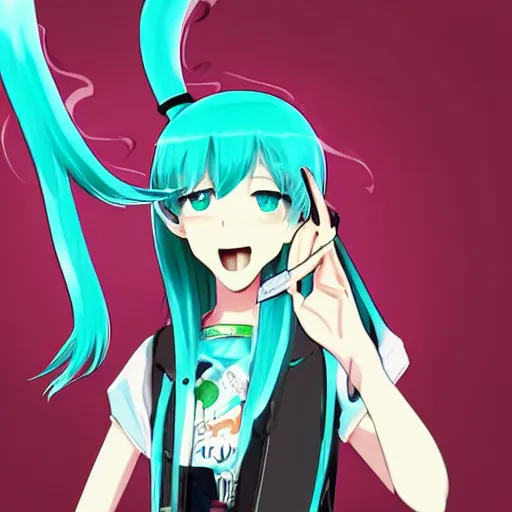 hatsune miku high on weed with bloodshot eyes smoking | Stable Diffusion