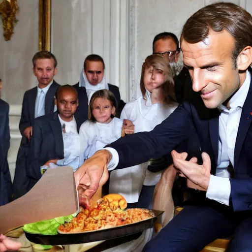 a barefoot emmanuel macron giving food to the poor | Stable Diffusion