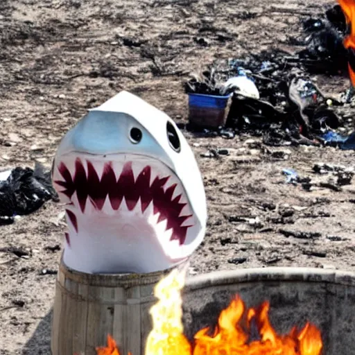 Shark head with human body standing besides a barrel | Stable Diffusion