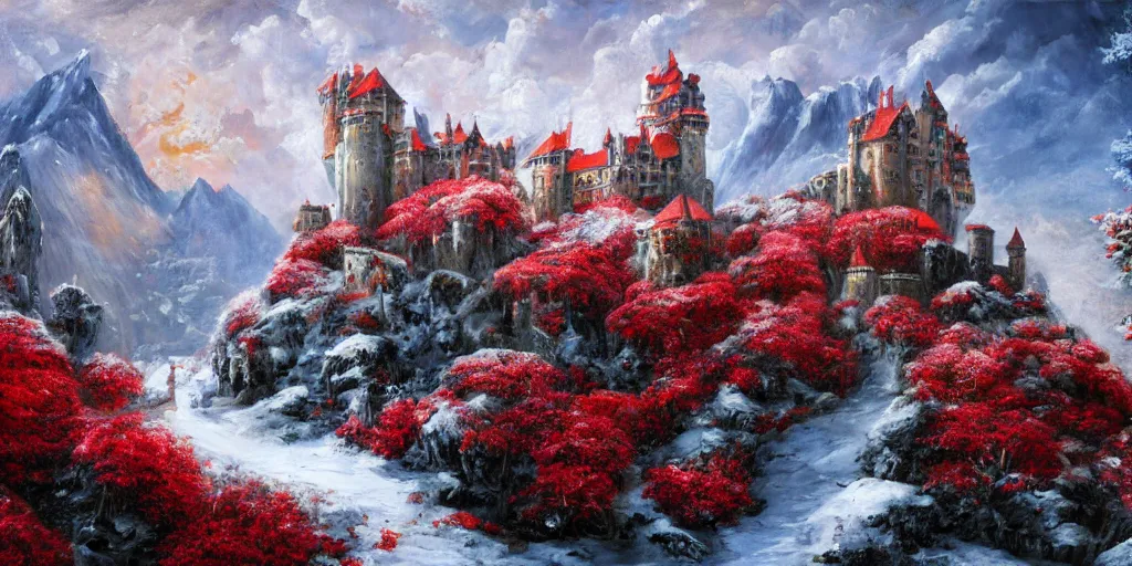 A castle surrounded by snow and mountains being | Stable Diffusion ...