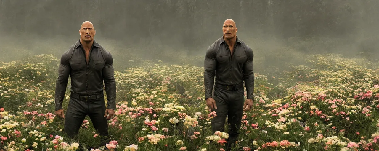 dwayne johnson surrounded by flowers at dawn, foggy, | Stable Diffusion