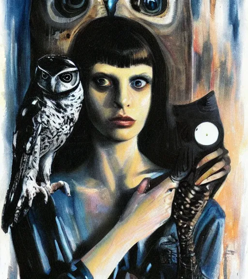 painting of rachel from blade runner, holding owl in | Stable Diffusion ...
