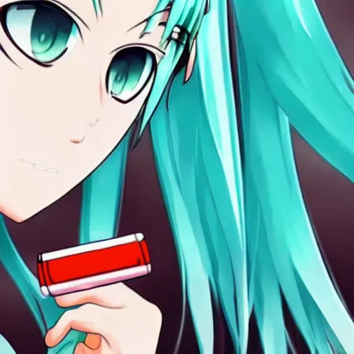 hatsune miku high on weed with bloodshot eyes smoking | Stable Diffusion