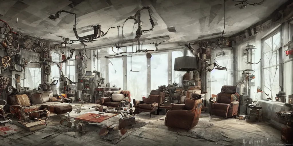 the living room of a crazy inventor, gadgets and gears | Stable ...