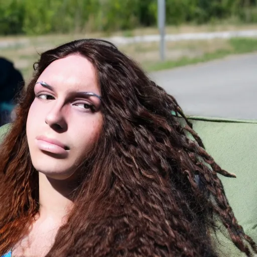 a transgender woman with long brown hair sits near a | Stable Diffusion