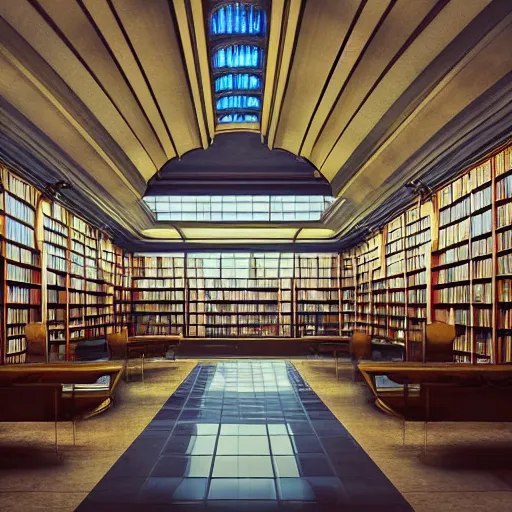 an art deco library with light pouring through the | Stable Diffusion ...