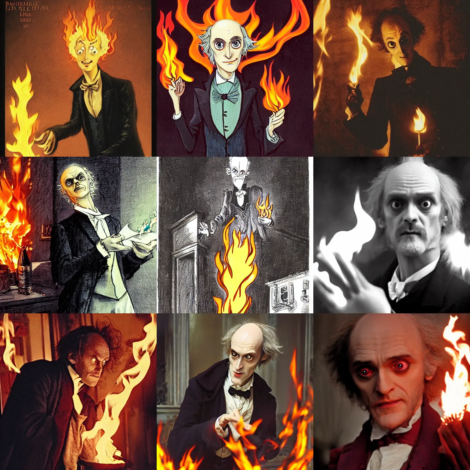 count olaf setting fire to the baudelaire home | Stable Diffusion | OpenArt
