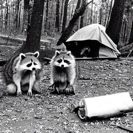 raccoons on a camping trip, 1 9 8 0 s photo | Stable Diffusion