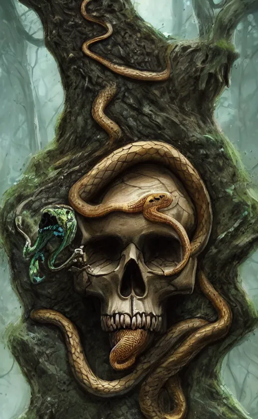 a skull on a tree stump with a snake coming out of the | Stable ...