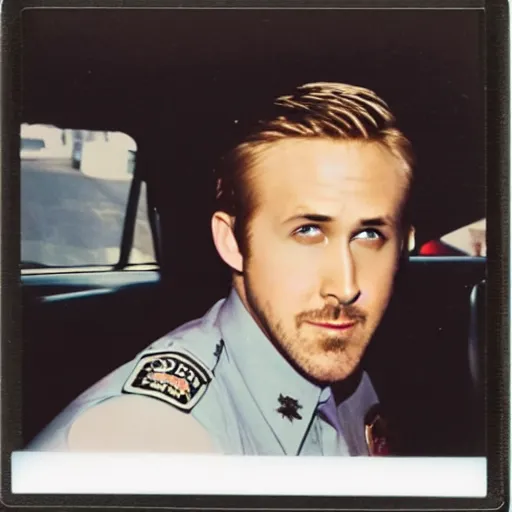 Polaroid image of Ryan Gosling as a cop driving | Stable Diffusion