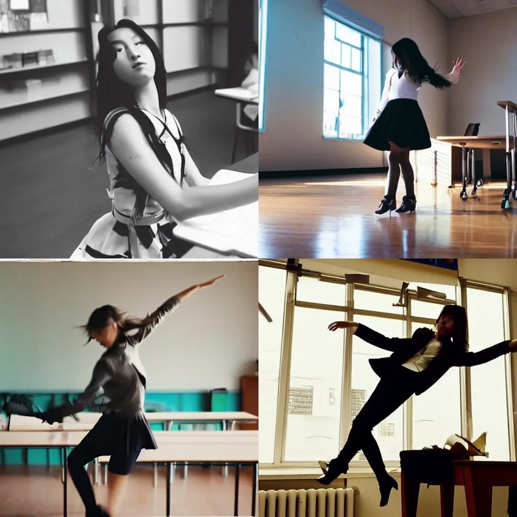 “Film still of stylish girl dancing on school desk, | Stable Diffusion ...