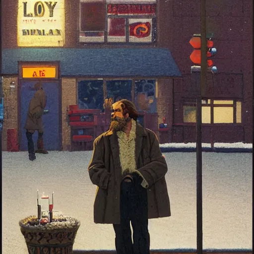 a hirsute broad man in a { denim shearling coat } sits | Stable ...