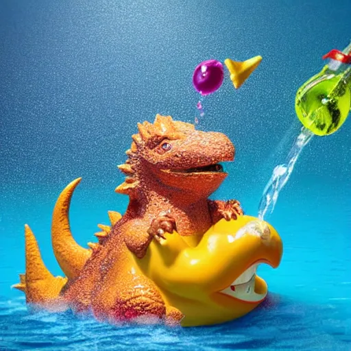 cartoon Godzilla taking a bath in the ocean, rubber | Stable Diffusion