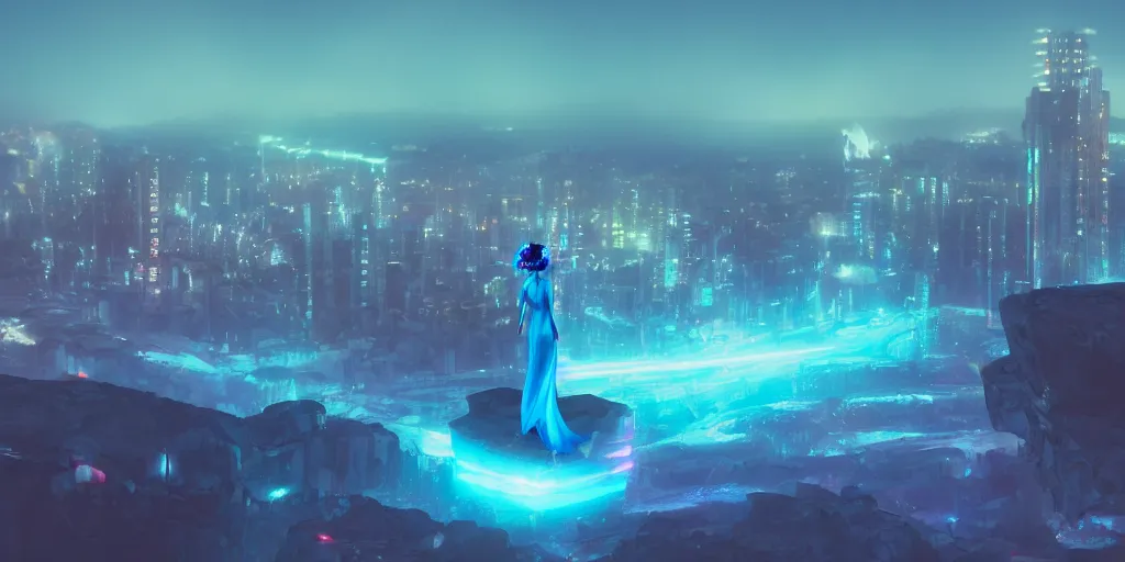 small blue fairy on a cliff looking to a synthwave | Stable Diffusion ...