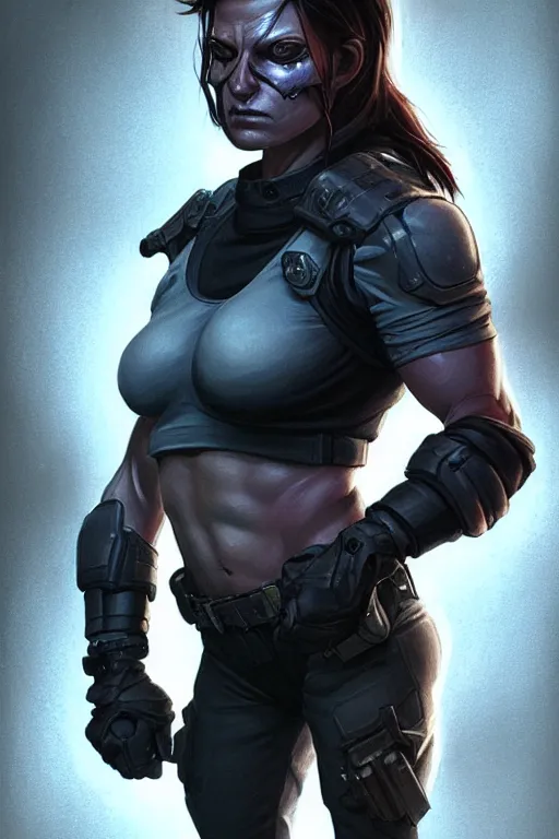gina carano as a shadowrun ork with prothesis grey | Stable Diffusion