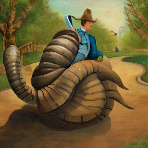 A painting of a man riding on a giant snail in a park | Stable ...