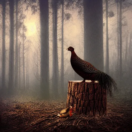 pheasant guard sits on a stump, in deep forest, by | Stable Diffusion | OpenArt