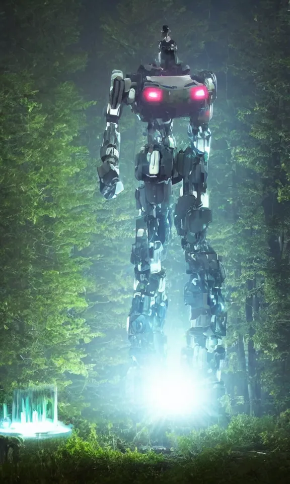 a giant robot standing in a forest at night, a glowing | Stable Diffusion