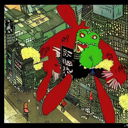 a salad monster attacking Tokyo, in the style of | Stable Diffusion