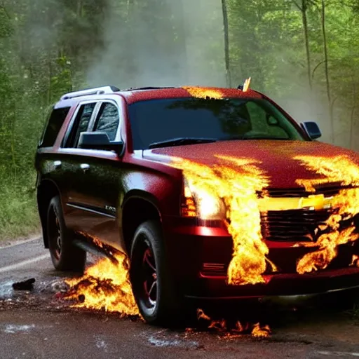 a Chevy Tahoe on fire in a forest | Stable Diffusion | OpenArt