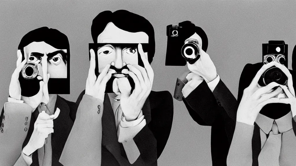 Two people holding cameras and facing each other, by | Stable Diffusion ...