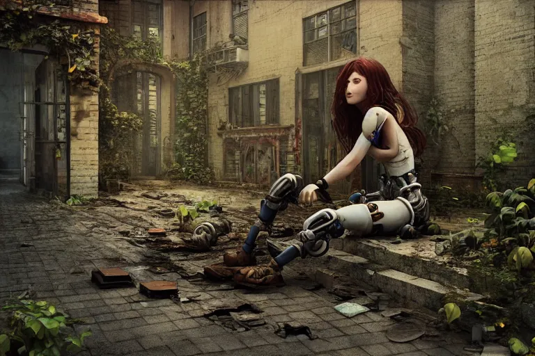 Broken cyborg girl sitting on old courtyard with mud | Stable Diffusion ...