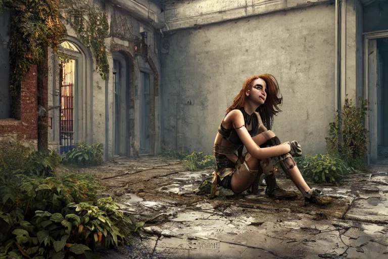 Broken cyborg girl sitting on old courtyard with mud | Stable Diffusion ...
