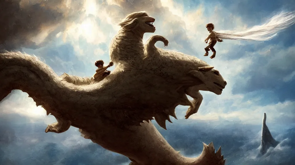 boy riding falkor falling through the nothing. the | Stable Diffusion ...