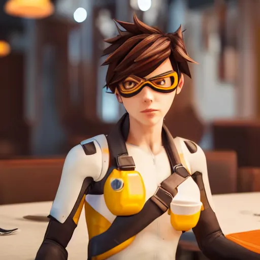 tracer from overwatch sitting alone in a restaurant, | Stable Diffusion