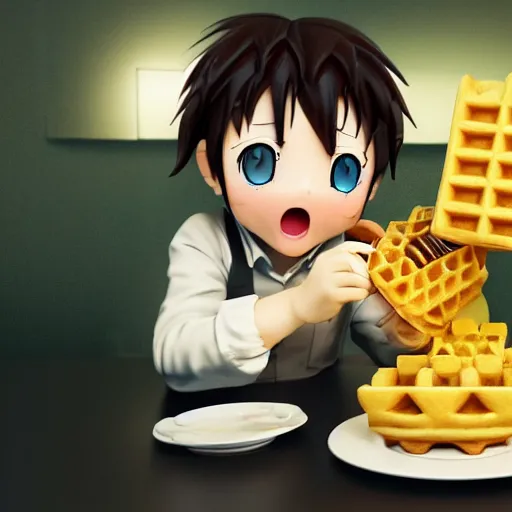 portrait of a anime and chibi a man eating a waffle in | Stable ...