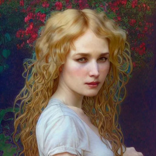 A young woman with blonde long curly hair and bangs in | Stable Diffusion
