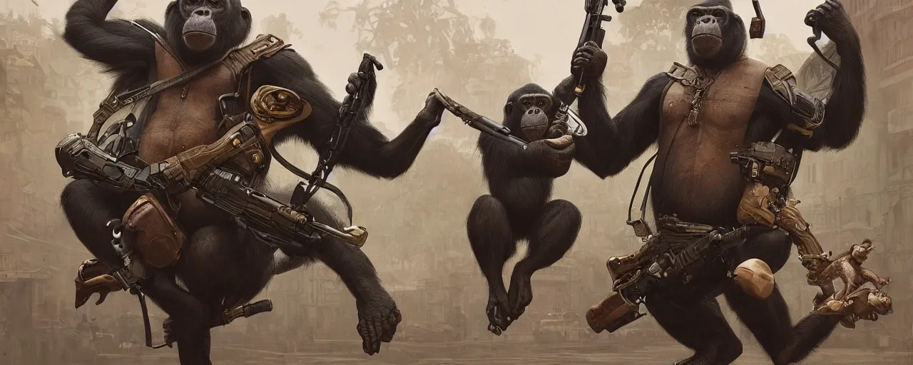 a chimpanzee holding a shotgun while riding a | Stable Diffusion | OpenArt