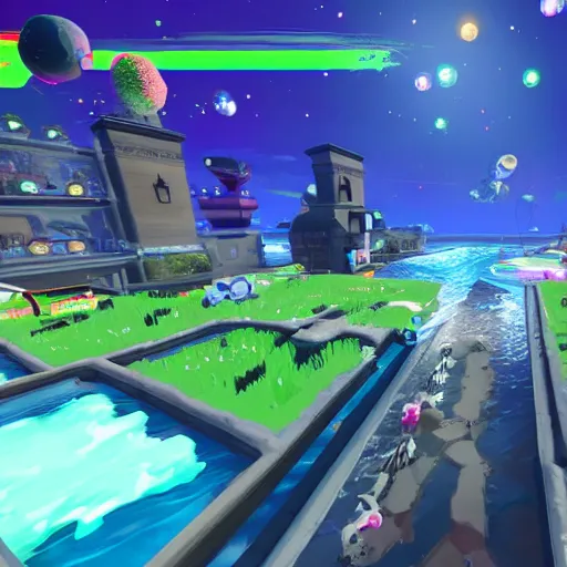 a landscape in the night of video game splatoon 3, | Stable Diffusion
