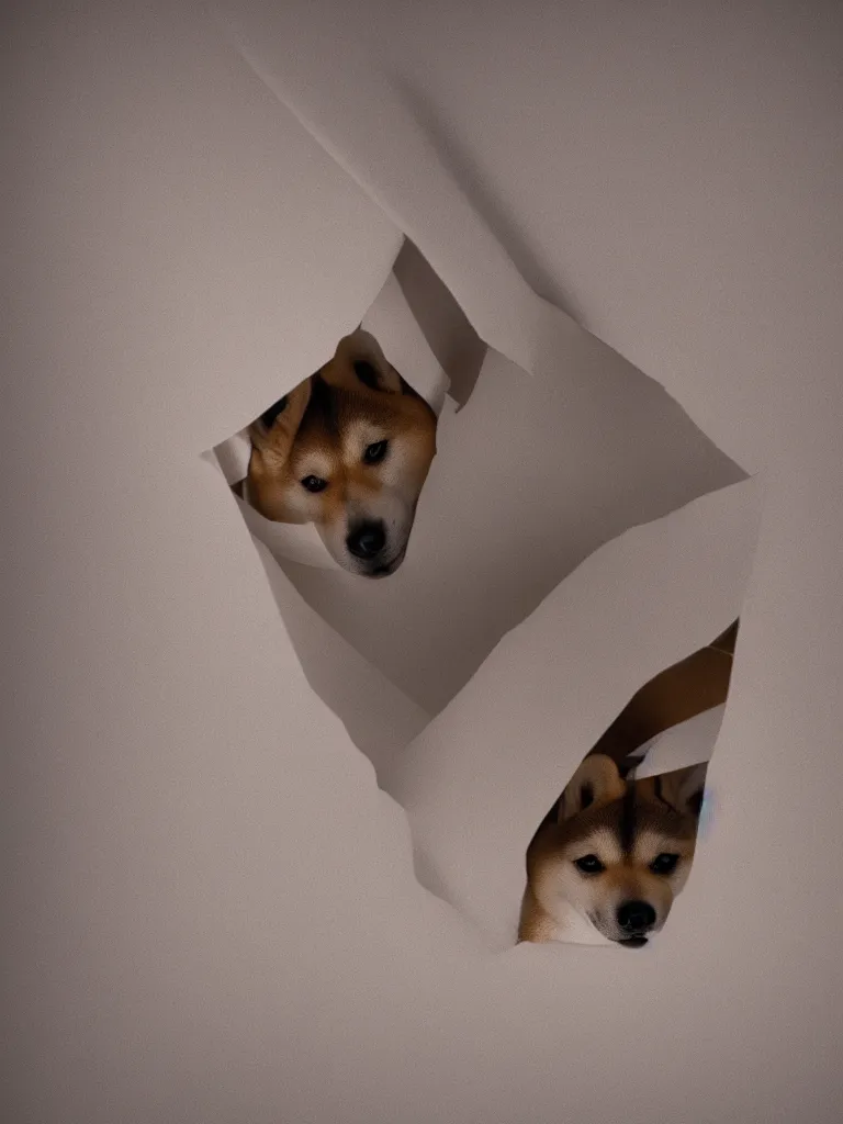 Photograph of a Shiba dog breaking through a fabric | Stable Diffusion